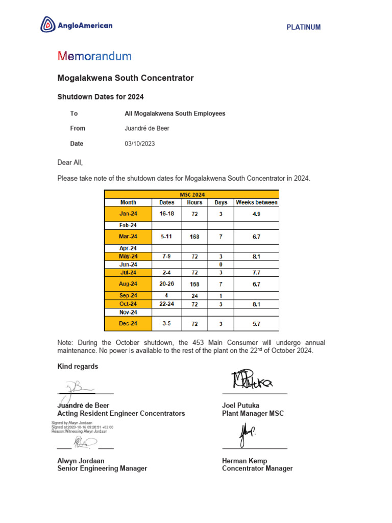 Memo MSC Shutdown Dates 2024 Rev01 | PDF