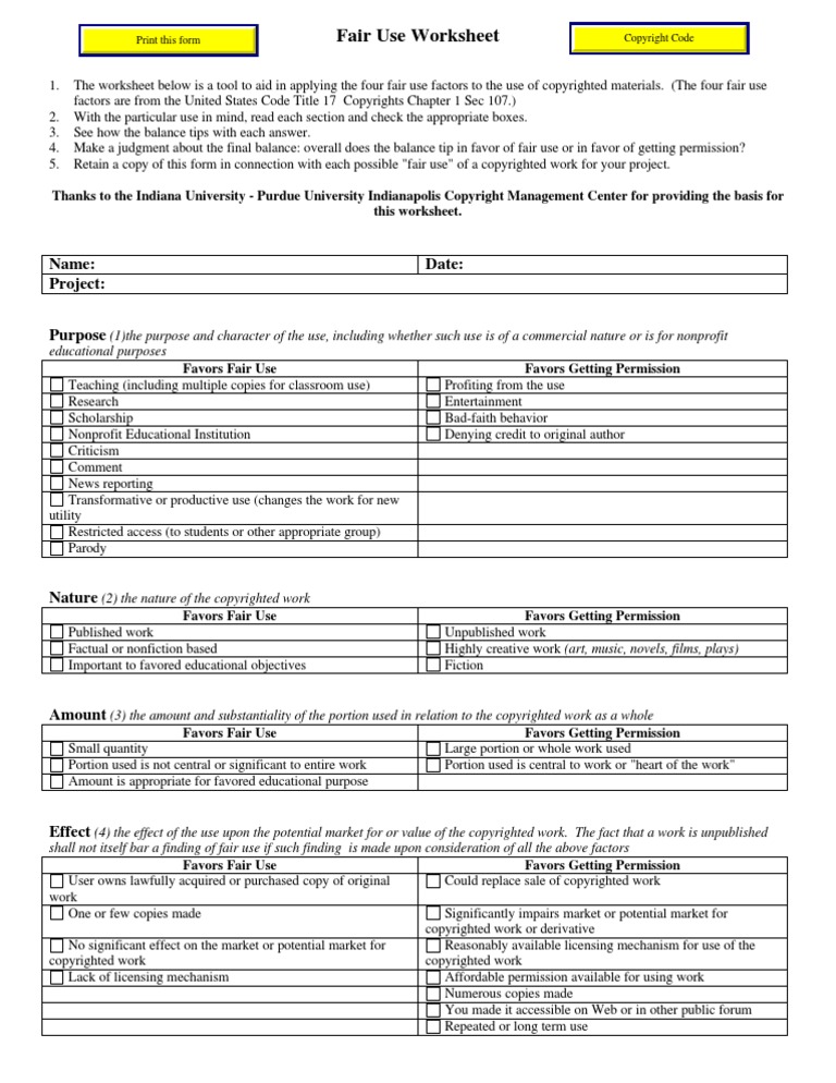 Fair Use Worksheet Indiana-Purdue | PDF | Fair Use | Intellectual ...