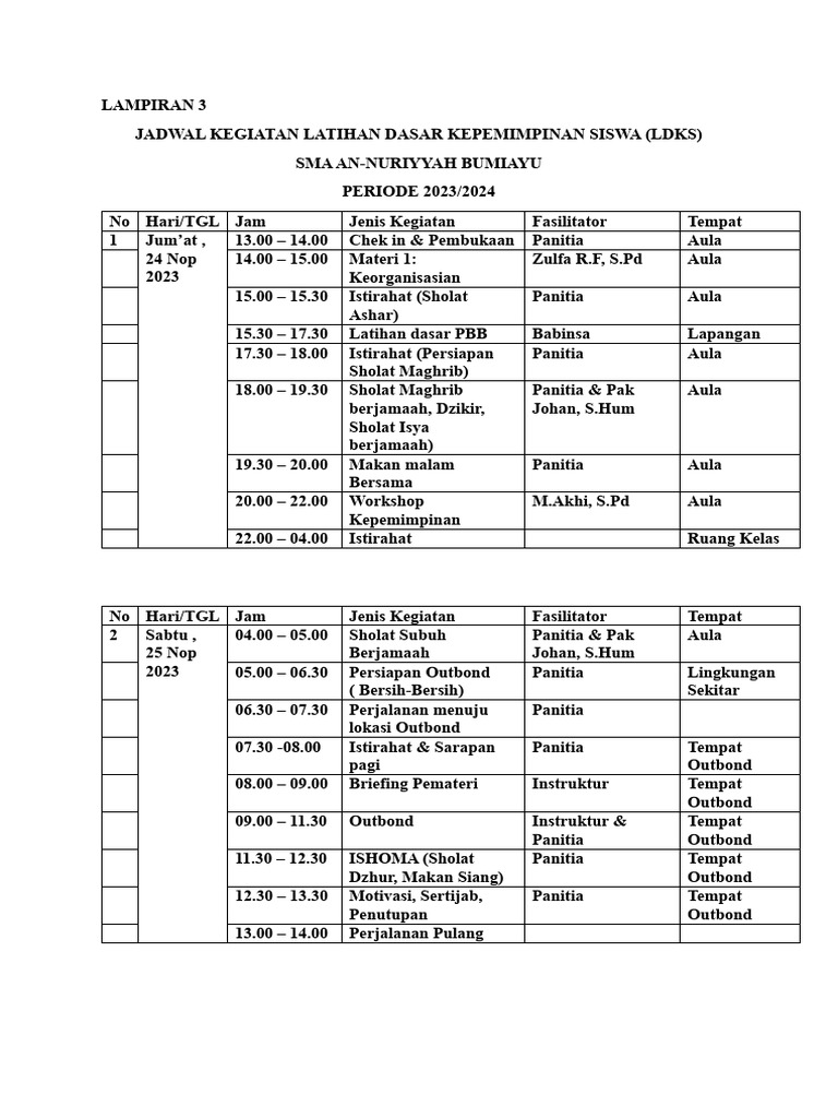 Jadwal Kegiatan LDKS 2023 | PDF