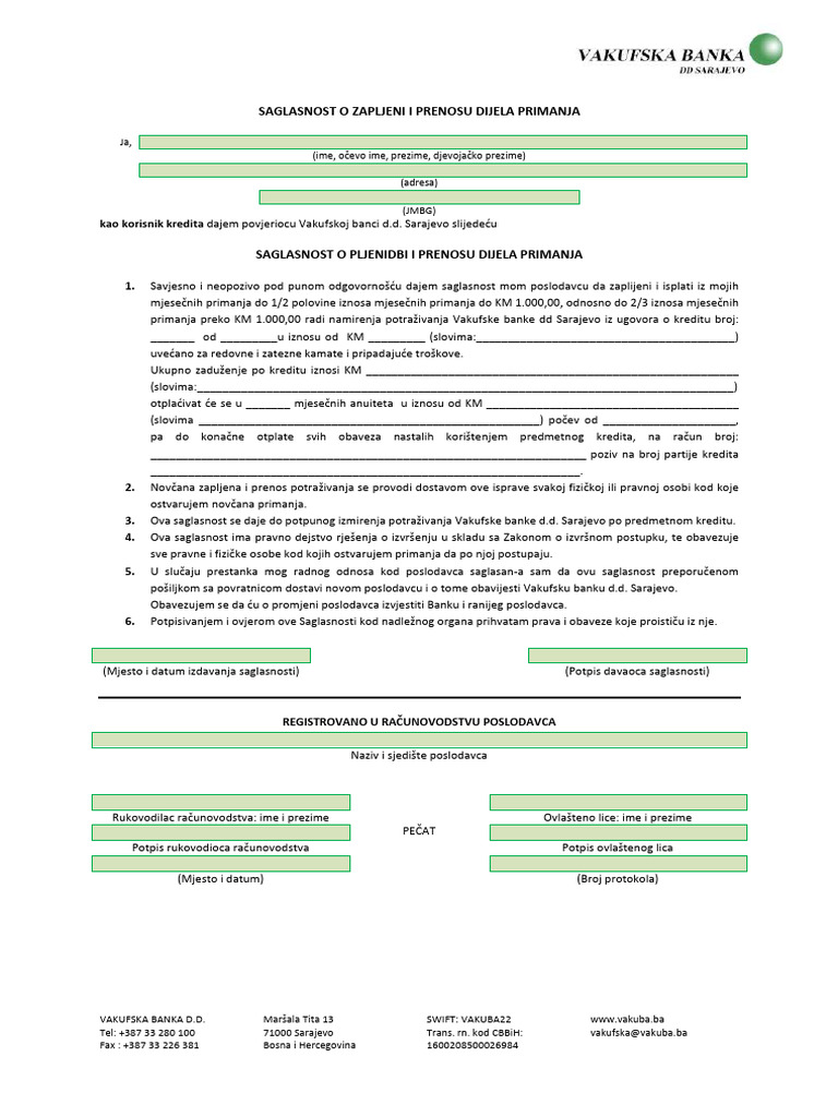 Saglasnost o zapljeni - korisnik kredita | PDF