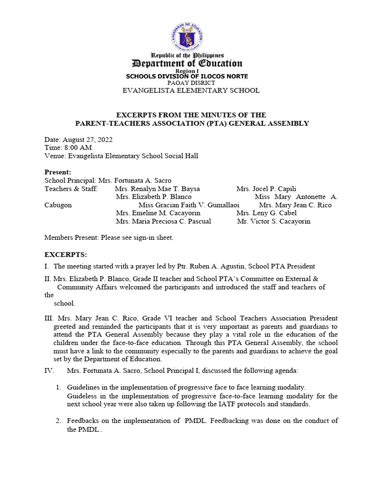 PTA GENERAL ASSEMBLY | PDF | Educational Organizations