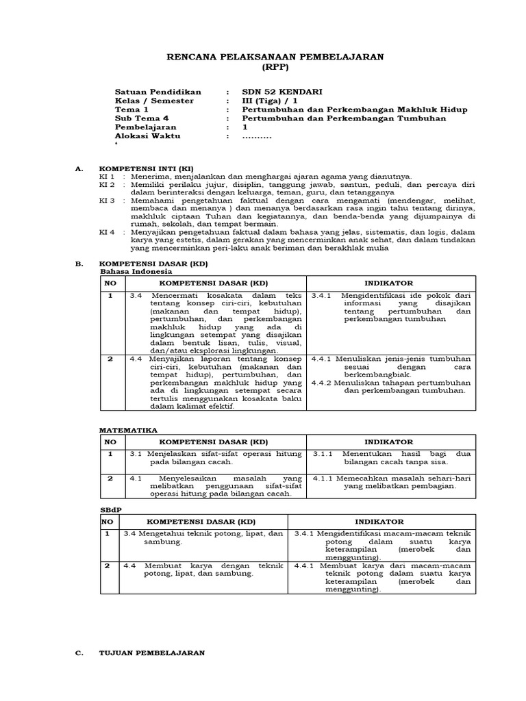 RPP K3 TEMA 1 ST 4 REV. 2018 Literasi | PDF