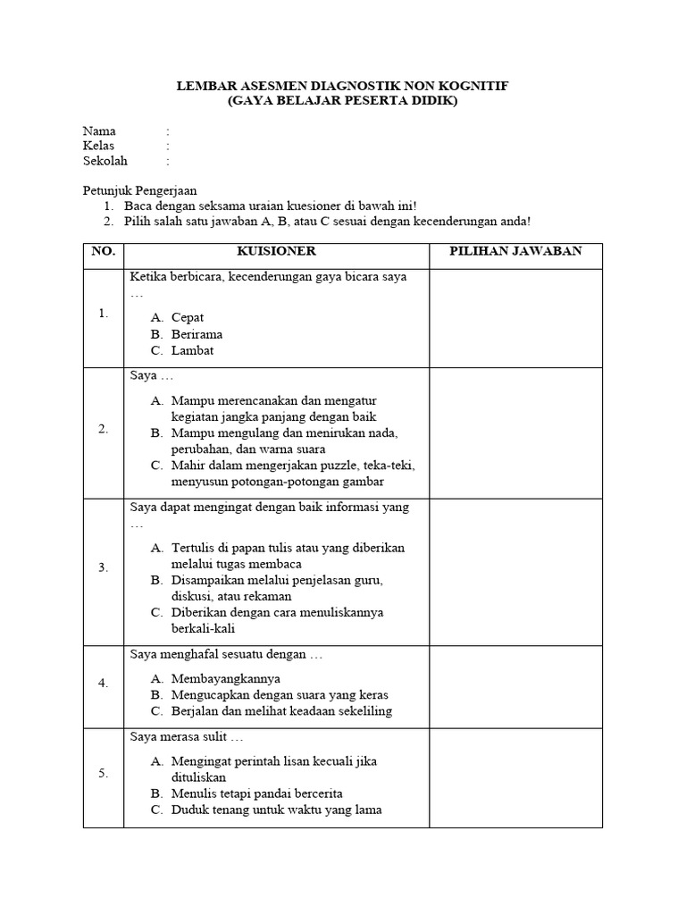 Asesmen Diagnostik Non Kognitif - Gerak Dan Gaya | PDF