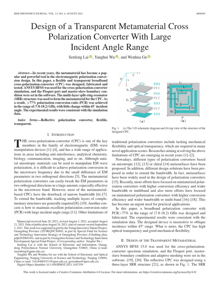 Design of a Transparent Metamaterial Cross Polarization Converter With Large Incident Angle ...