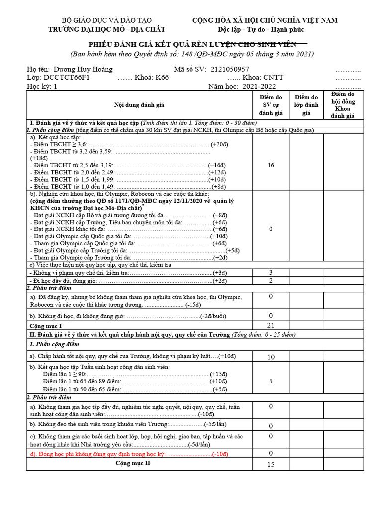 Phieu Diem Ren Luyen 2021 | PDF