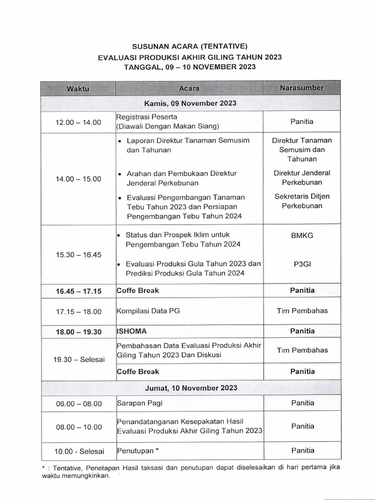 Rowndown Acara Tentative (Evaluasi Akhir Giling Tahun 2023) | PDF
