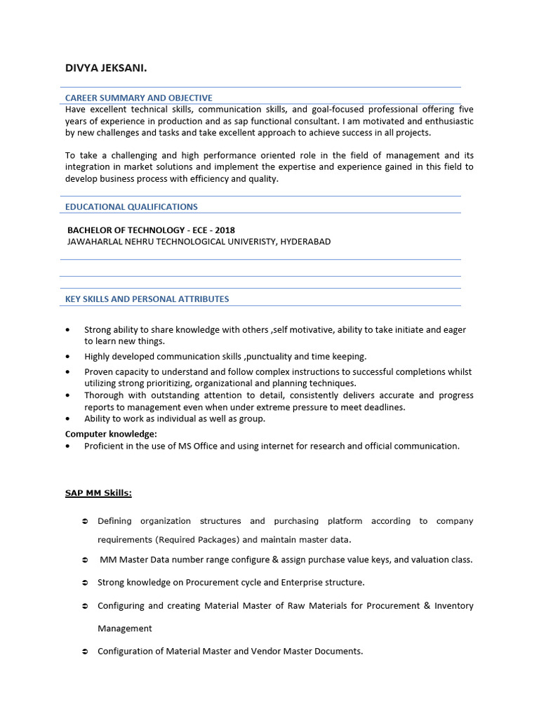 Divya Sap Mm Resume | PDF | Knowledge | Procurement