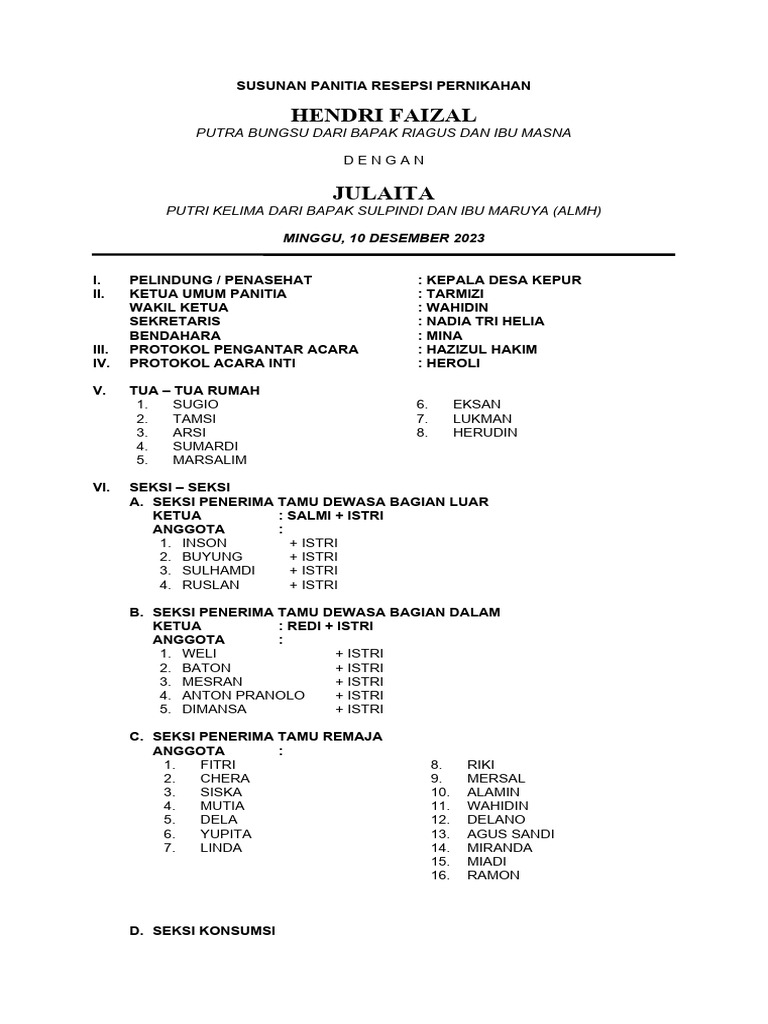 Susunan Panitia Resepsi Pernikahan | PDF Susunan Panitia Resepsi Pernikahan | PDF