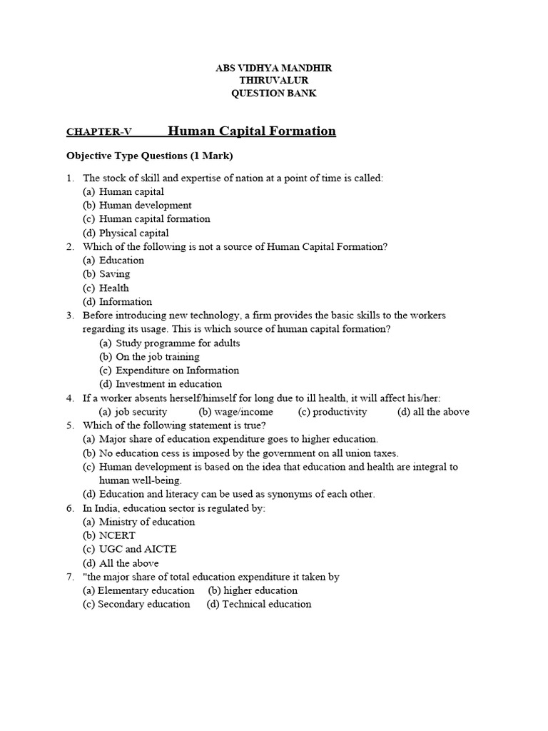 Class 12 Human Capital Formation Q&A | PDF | Human Capital | Capital ...