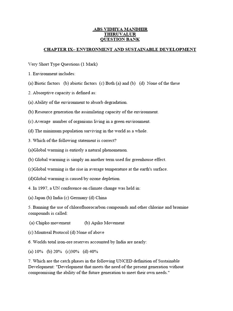 Environment and Sustainable Development - Question Bank | PDF