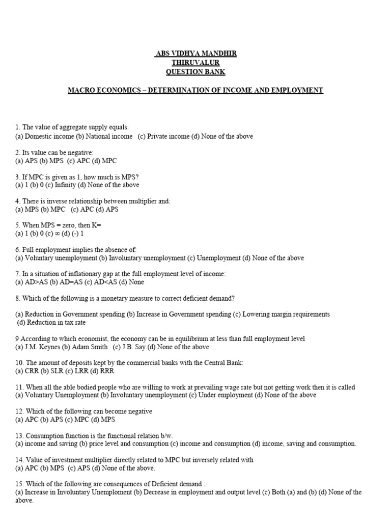 Determination of Income and Employment - Question Bank | PDF ...