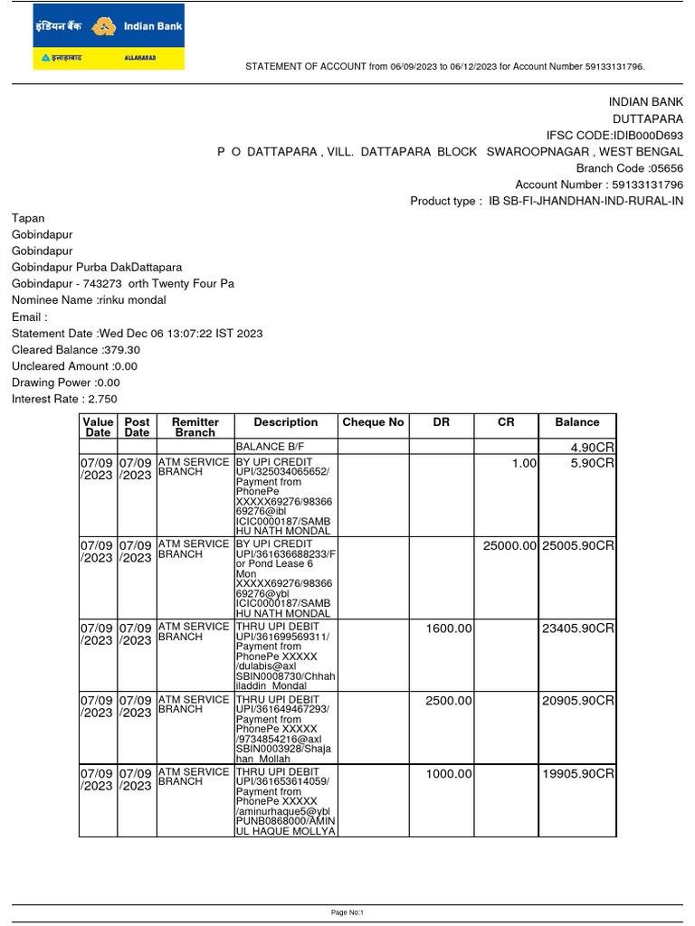 StatementOfAccount 59133131796 06122023 130722 | PDF | Debit Card | Cheque