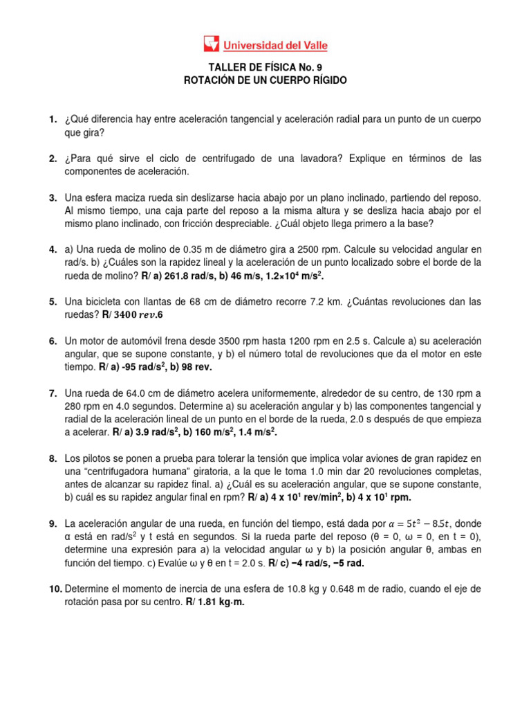 Taller Física: Rotación Cuerpo Rígido | PDF | Aceleración | Fricción