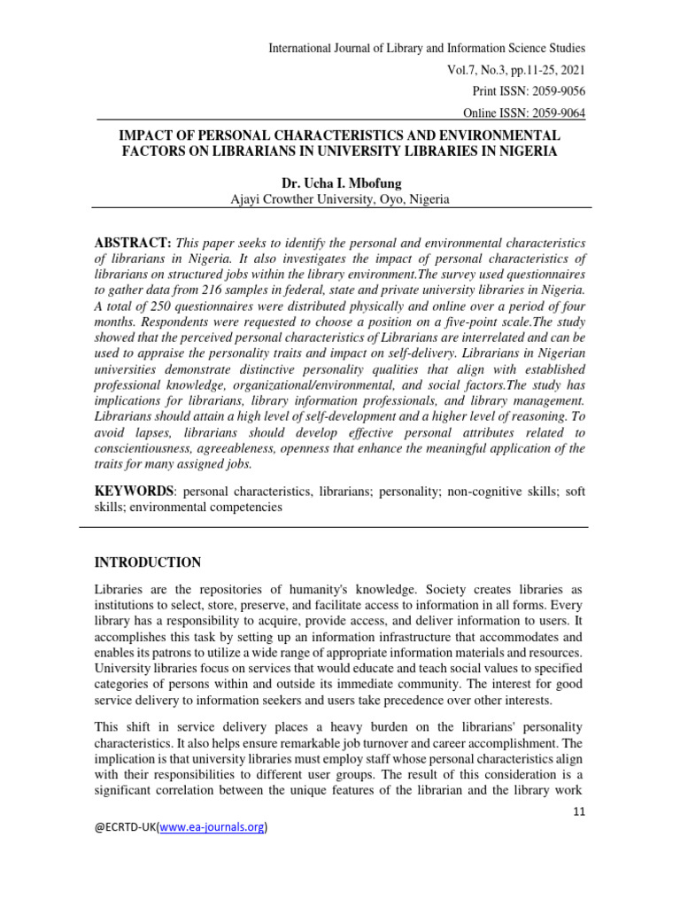 Librarian Traits Impact in Nigeria | PDF | Libraries | Librarian