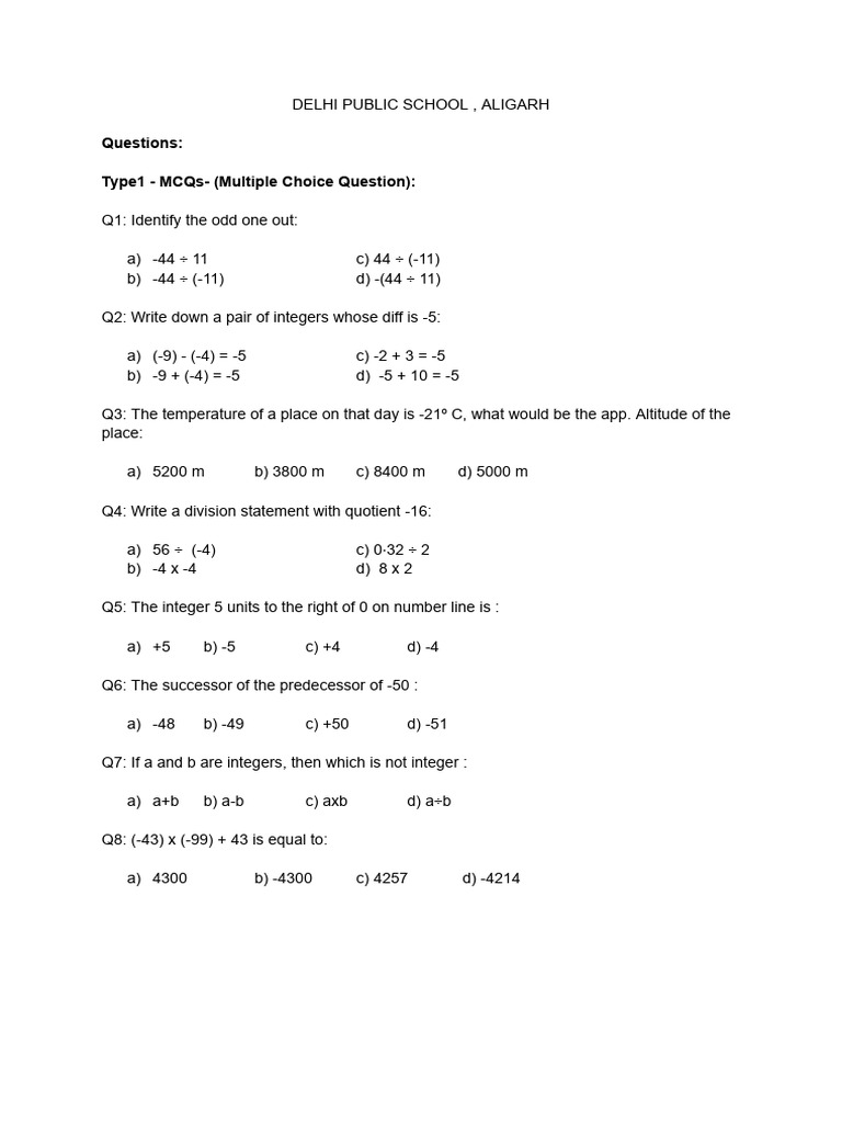 Math Quiz for DPS Aligarh Students | PDF | Teaching Methods & Materials ...