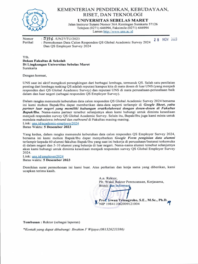 Surat Kepada Dekan Permohonan Data Calon Responden QS Global Academic Survey 2024 Dan QS ...