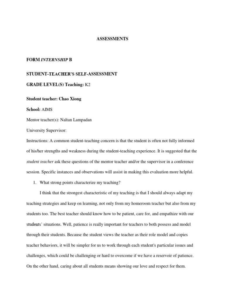 student-teachers self-assessment | PDF | Teachers | Learning
