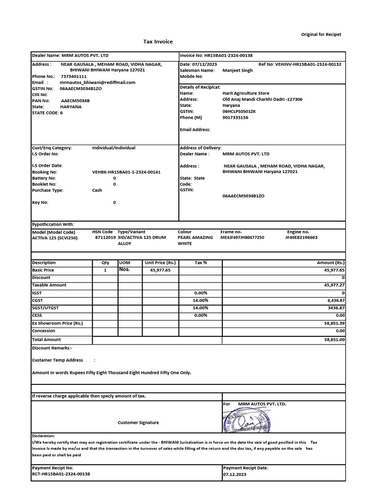 BILL HONDA | PDF | Receipt | Invoice