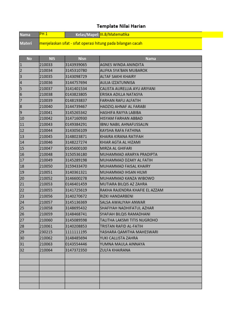 Template Nilai Harian III.B Matematika | PDF