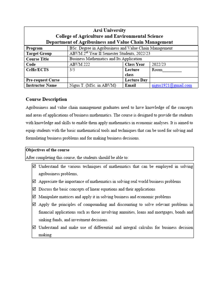 Couse Outline For Business Mathematics ABVM Department) - 2 | PDF ...