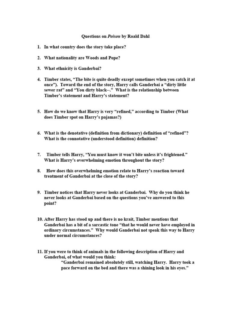 Analysis Questions on Dahl's Poison | PDF | Mystery, Thriller & Crime ...