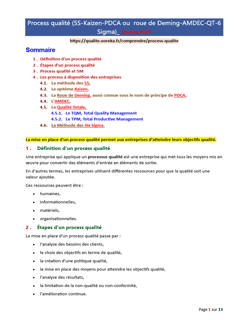 Process qualité (5S-Kaizen-PDCA ou roue de Deming-AMDEC-QT-6 Sigma)_ Ooreka 2023 (FH 13p) | PDF