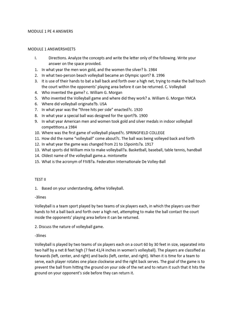 Module 1 Pe 4 Answers | Download Free PDF | Volleyball | Sports Rules And Regulations