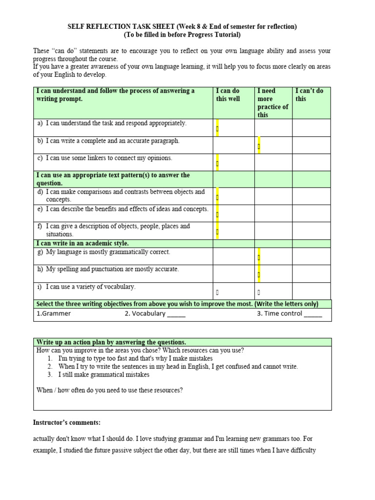 Self Reflection Task Sheet | PDF | Grammar | English Language
