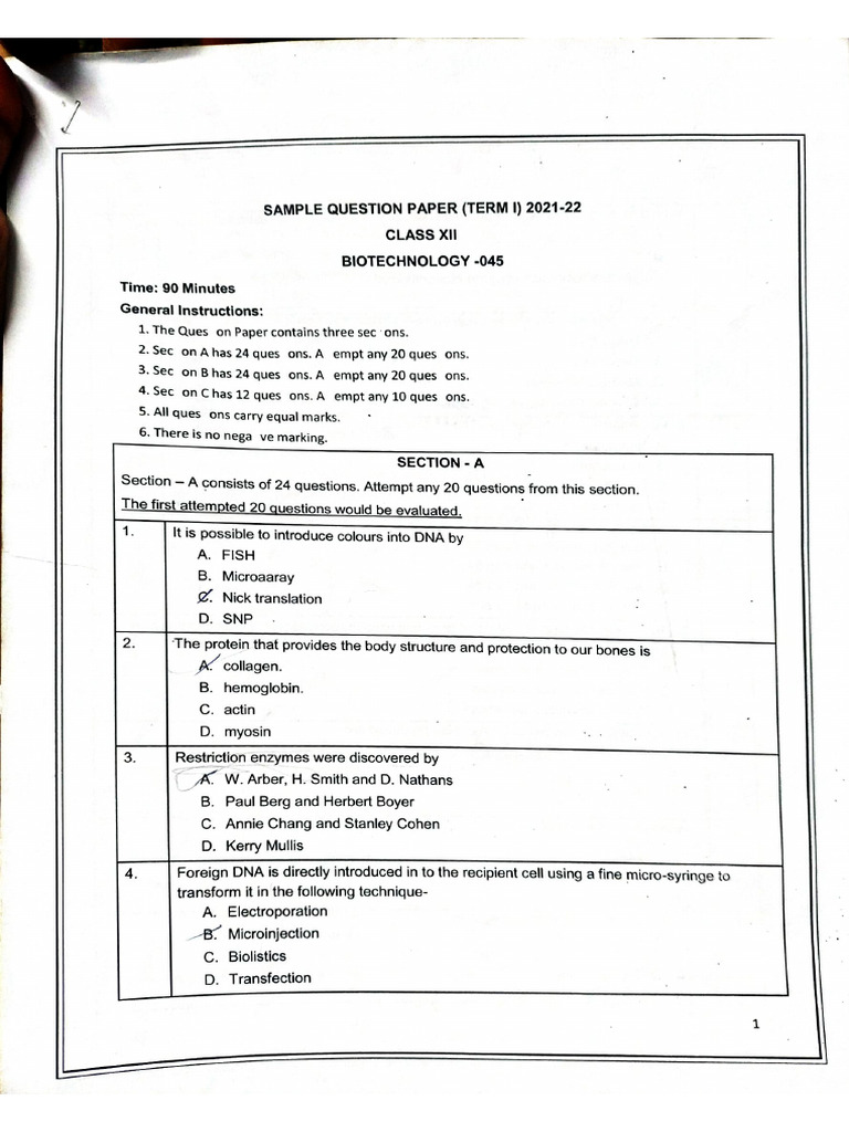 sample questions paper ( term 1 ) 2021-22 biotech | PDF