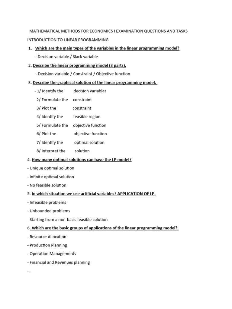 Mathematical Methods For Economics I Examination Questions and Tasks ...