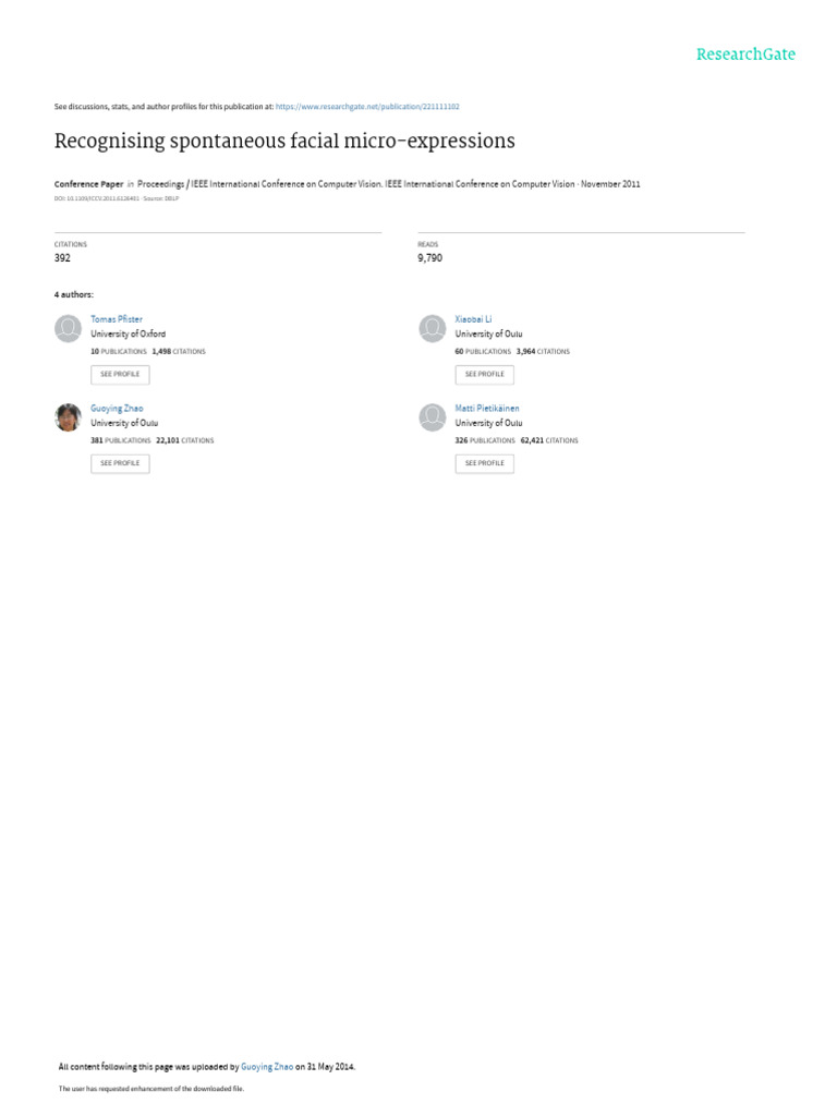 Recognising Spontaneous Facial Micro Expressions Pdf 