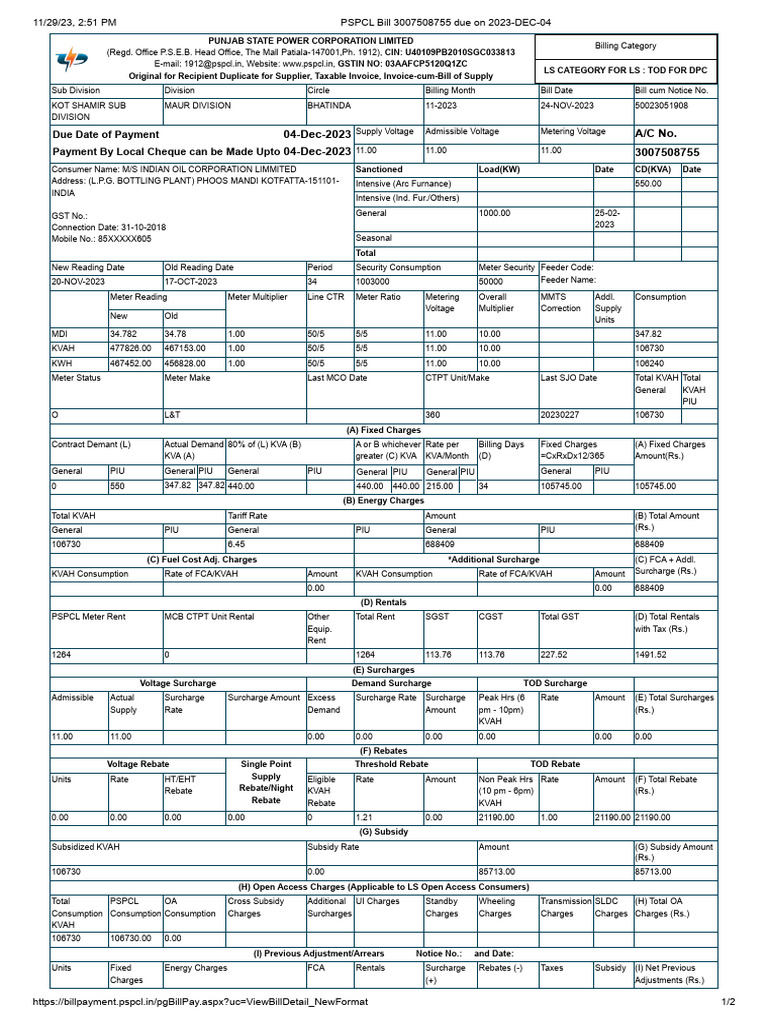 PSPCL Bill Due 04-Dec-2023 Details | PDF | Fee | Subsidy