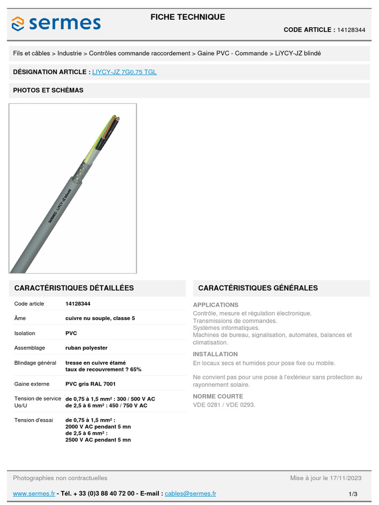 Fiche Technique Cable LIYCY - JZ - 7G075 - TGL | PDF