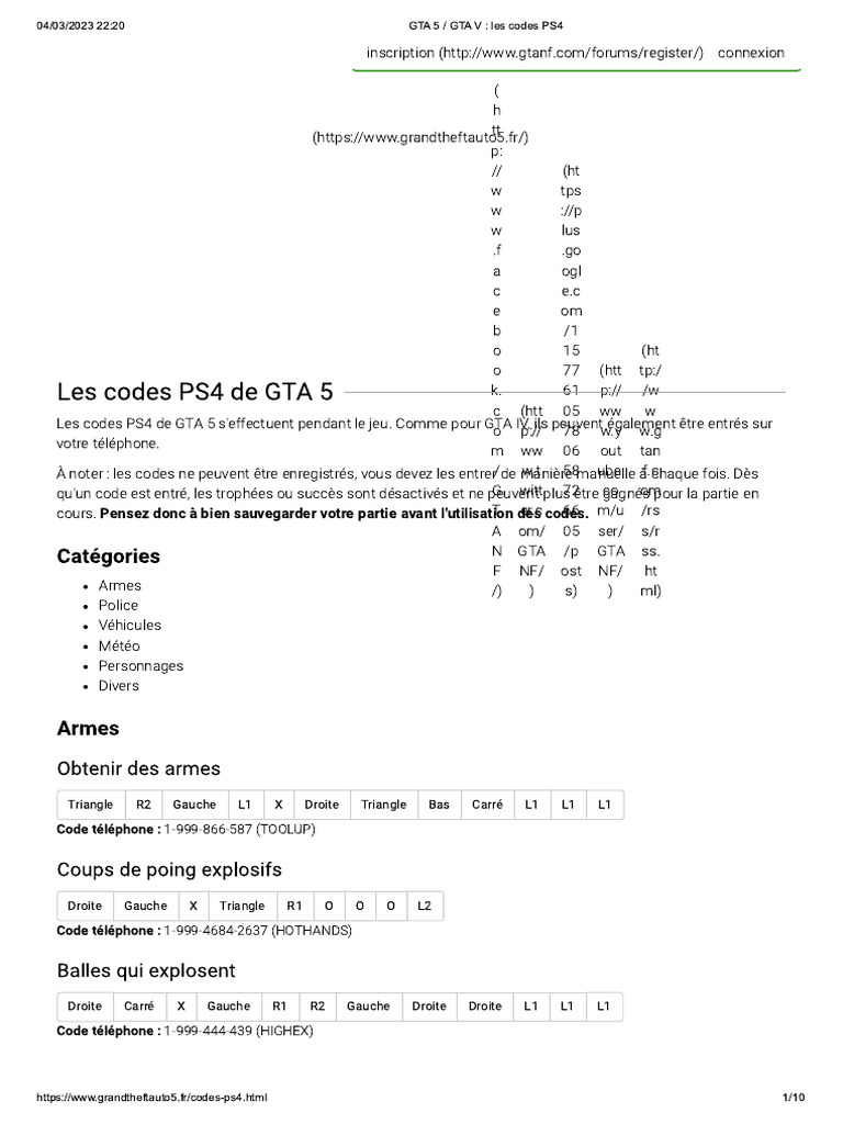 GTA 5 - GTA V - Les Codes PS4 | PDF