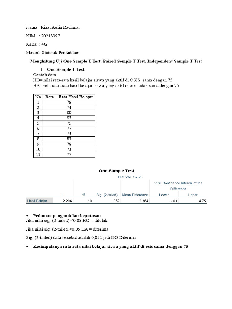 297 Rizal Aulia Rachmat Uji One Sample T Test Paired Sample T Test