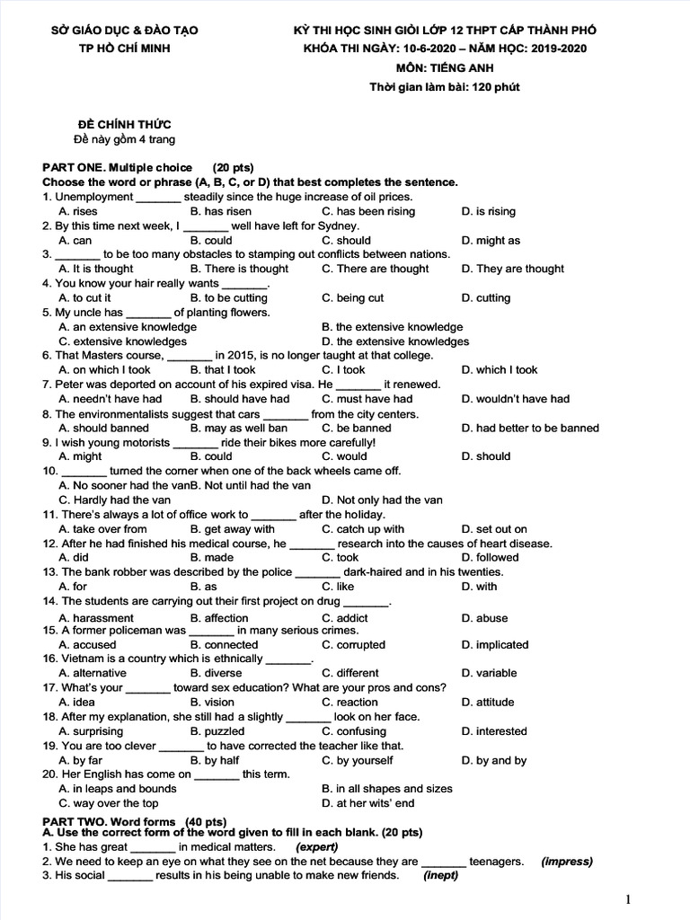 PDF de Thi Va Dap An Hoc Sinh Gioi Lop 12 TPHCM Nam Hoc 2019 2020 Mon Tieng Anh Compress | PDF ...
