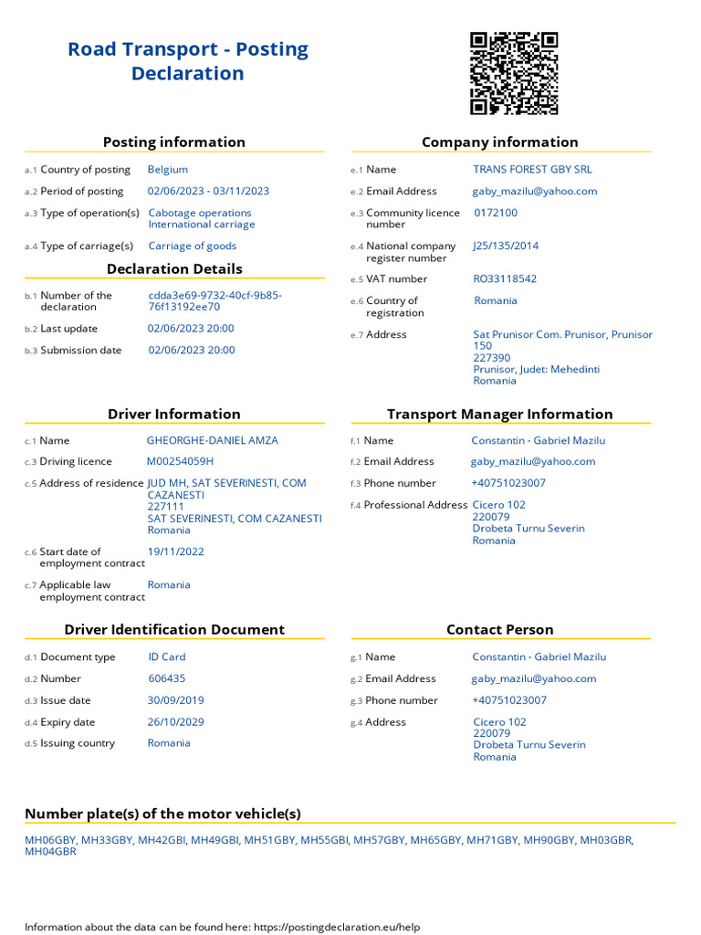 Road Transport - Posting Declaration: Posting Information Company ...