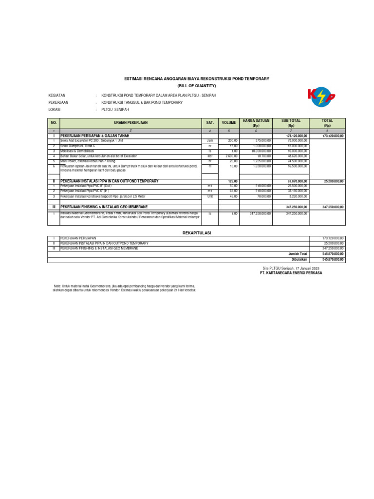 Estimasi Biaya Konstruksi Pond Senipah | PDF