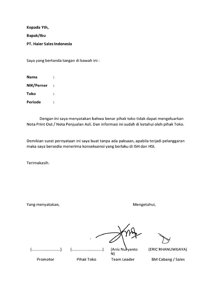 Surat Pernyataan Nota Penjualan New 2022 - Anis | PDF