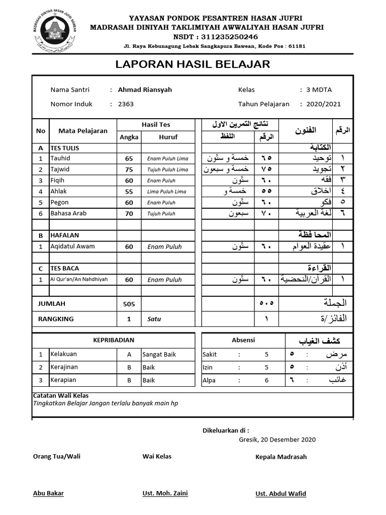 Raport Madrasah Diniyah Semester Ganjil | PDF