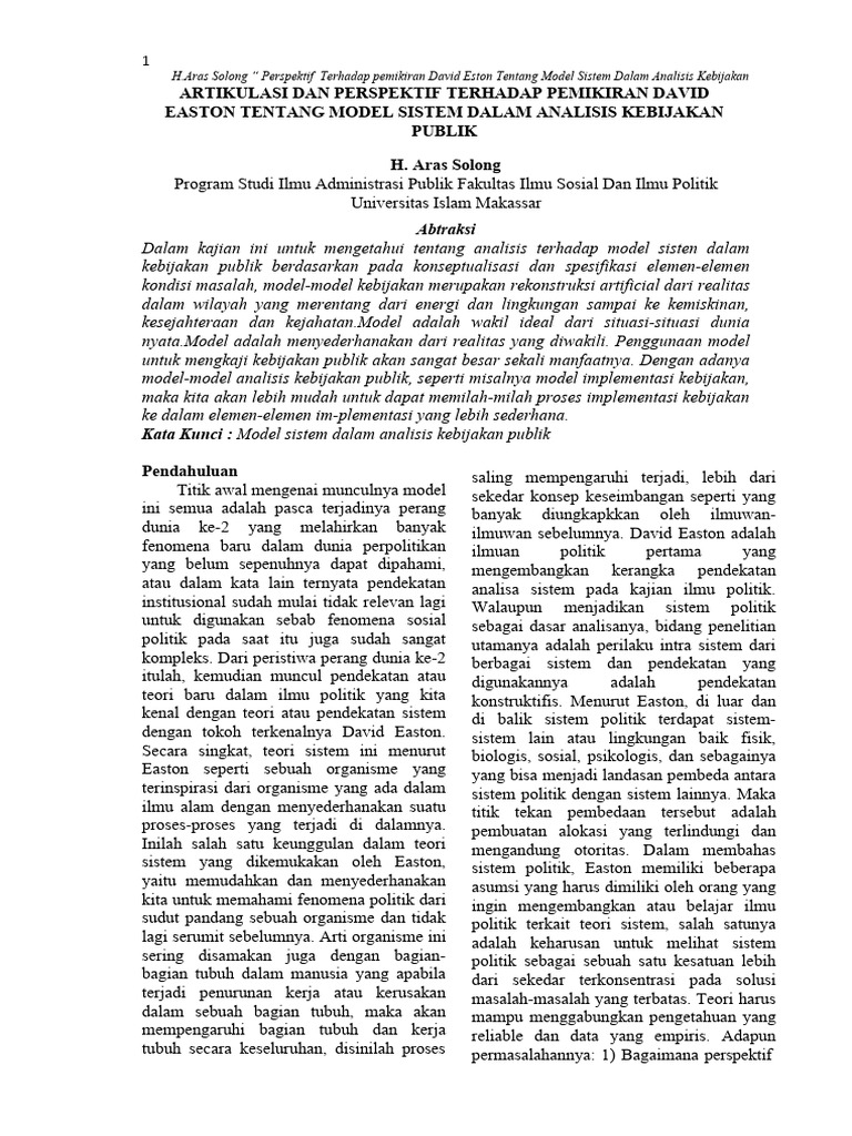 Artikulasi Dan Perspektif Terhadap Pemikiran David Easton Tentang Model Sistem Dalam Analisis ...
