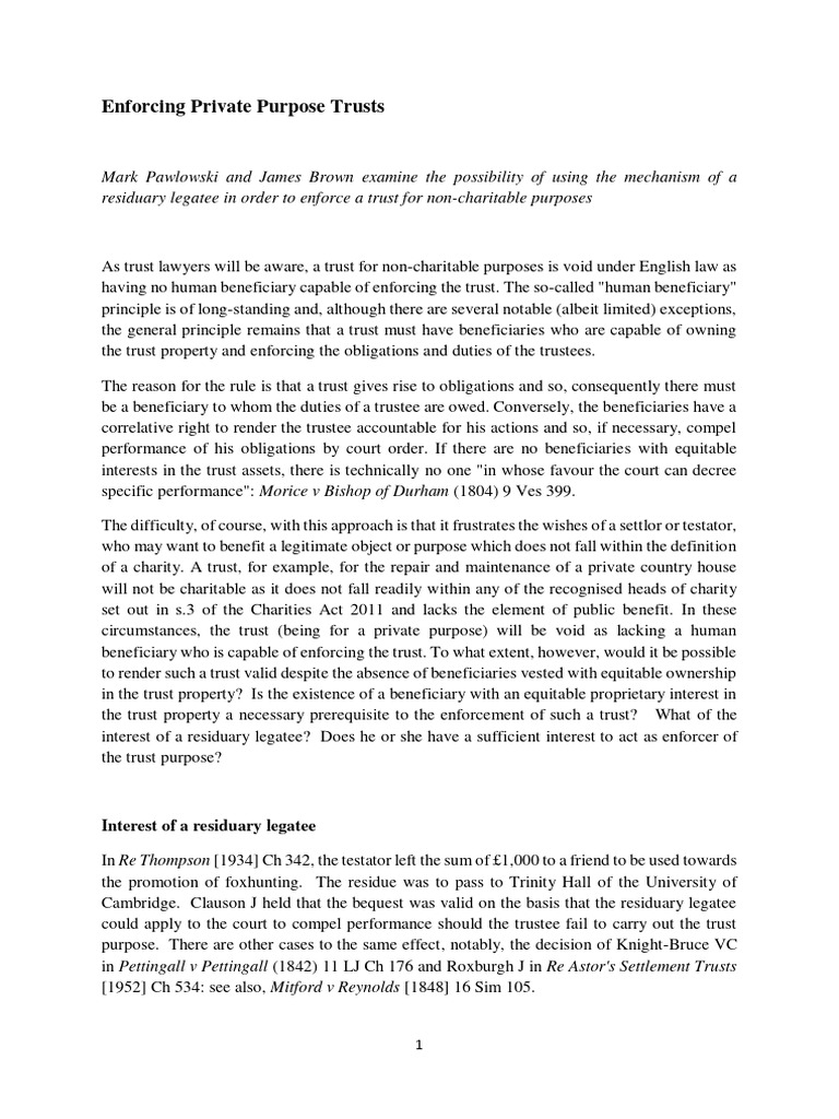 Enforcing Private Purpose Trusts | PDF | Trust Law | English Trust Law