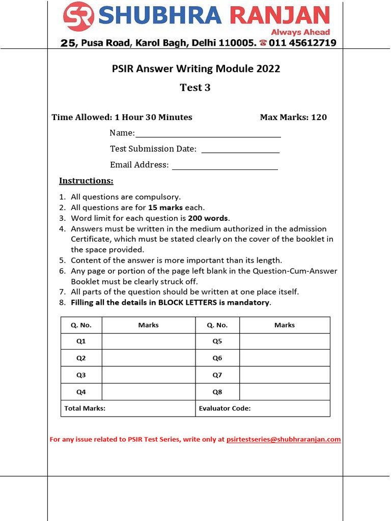 PSIR Answer Writing Test 3 Guide | PDF
