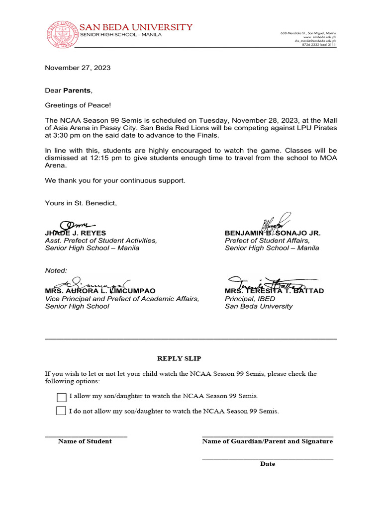 NCAA Season 99 Semis Student Attendance Notice | PDF