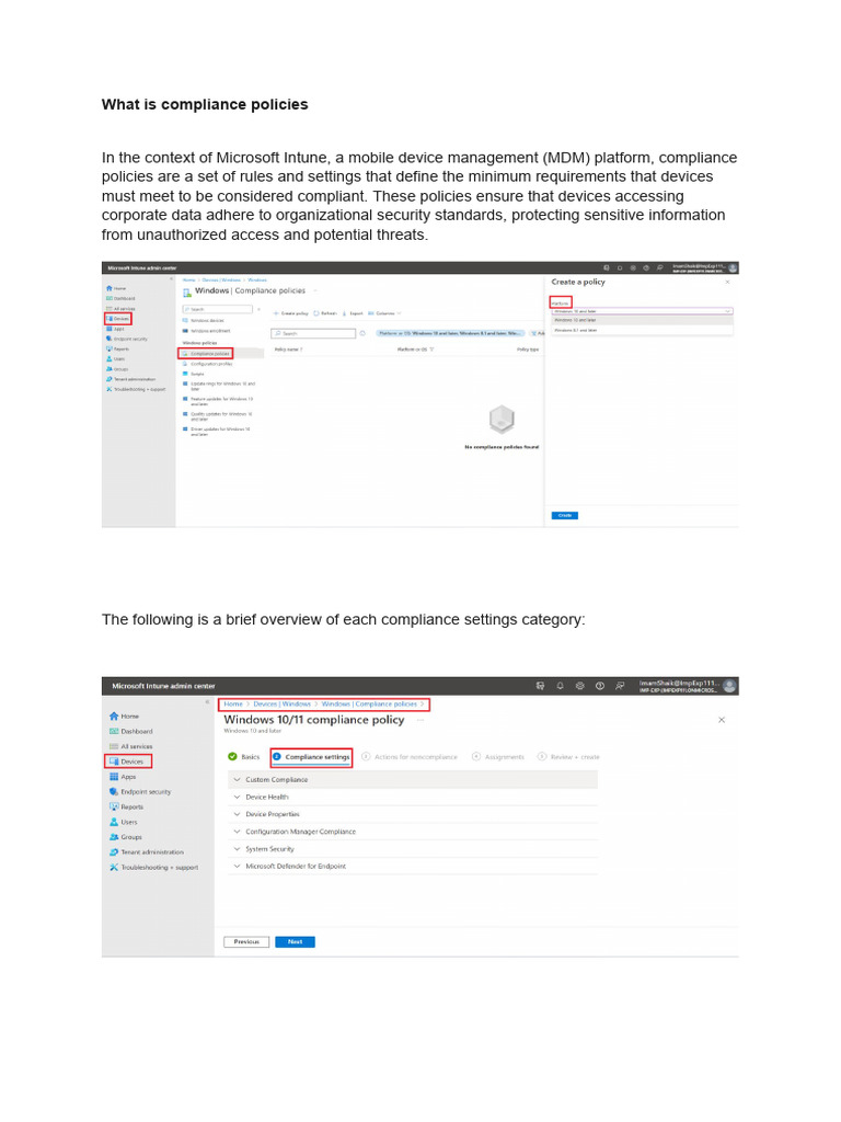 Microsoft Intune Compliance Policies Guide | PDF | Computer Engineering | Security Technology