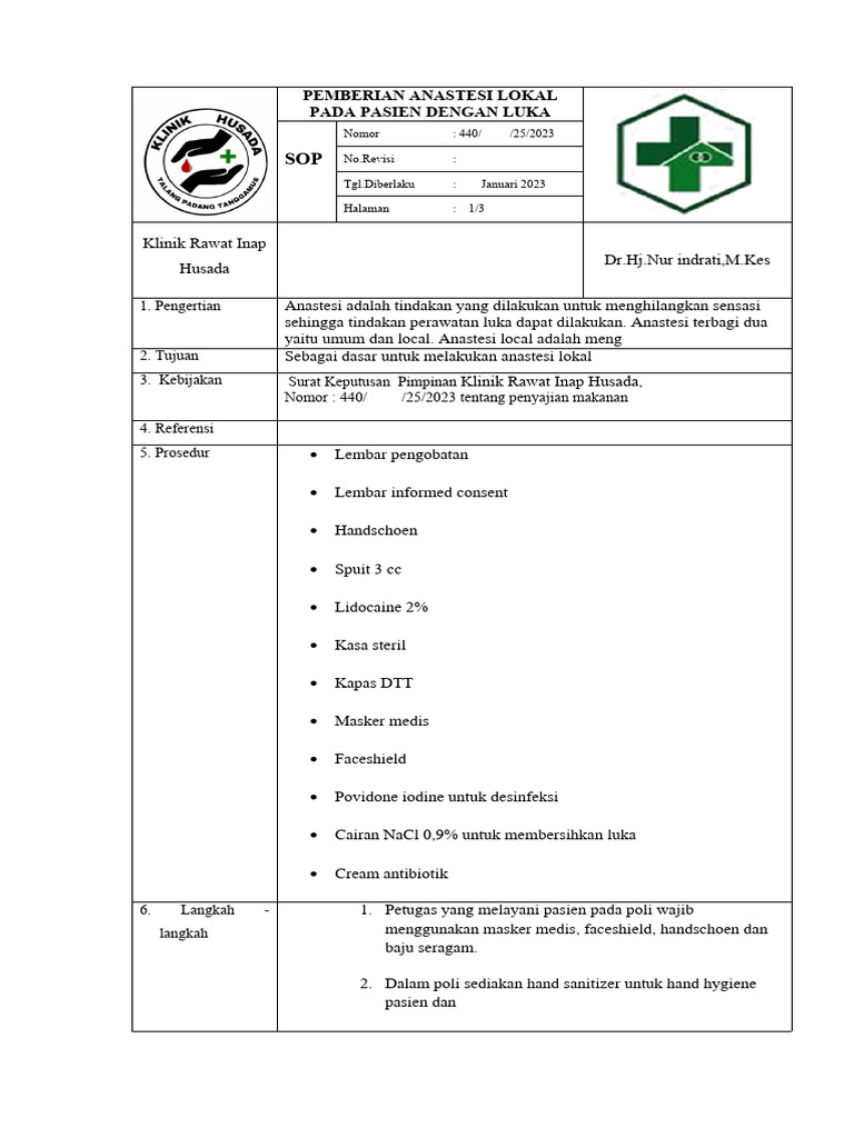 Sop Pemberian Anastesi Lokal Pada Pasien DGN Luka | PDF | Pengembangan Diri