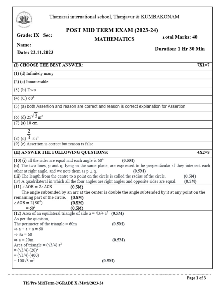Grade IX Post Mid Term Maths AK | PDF | Circle | Area