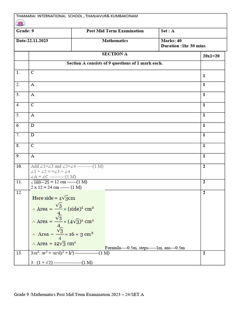 G9 Math Set A Post - Mid - Term QP Answer - Key Final | PDF | Mathematics