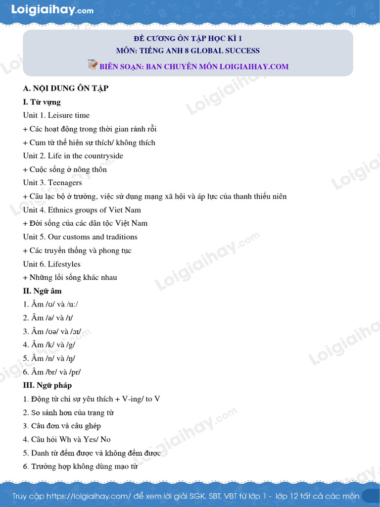 De Cuong On Tap Hk1 Tieng Anh 8 Global Success Co Dap An 1701243563 | PDF