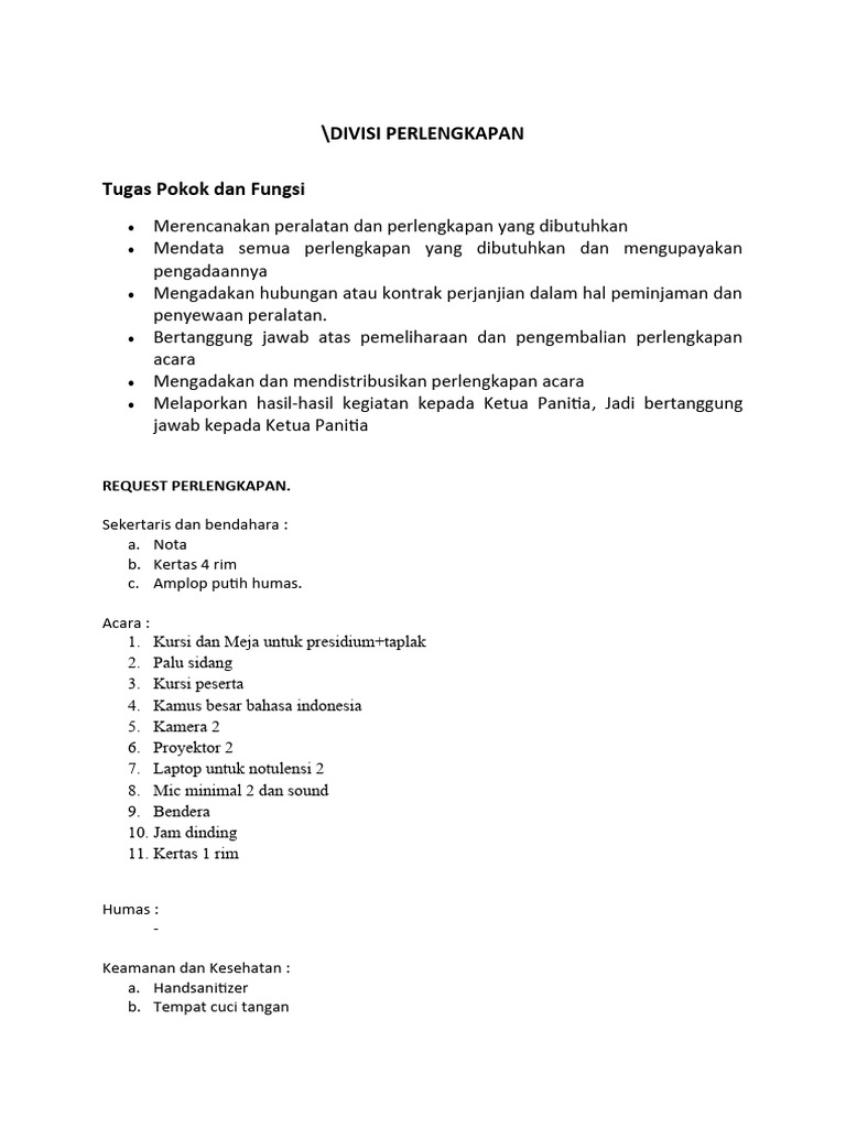 Divisi Perlengkapan Mubes | PDF